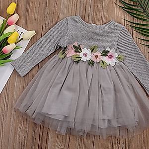 Mubineo Toddler Girl Long Sleeve Knit Dresses Baby Infant Flower Tutu Spring Fall Dress (Grey, 12-18 Months)