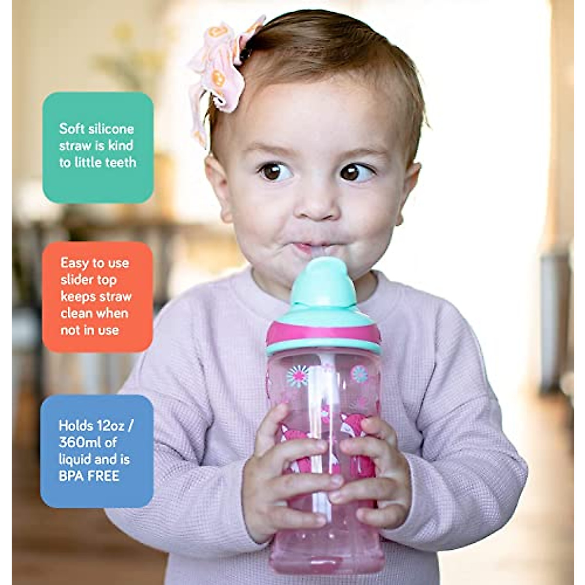 Nuby Thirsty Kids No-Spill Flip-it Printed Boost Cup with Thin Soft Straw - 12oz, 18+ Months, 1 Pack Print May Vary