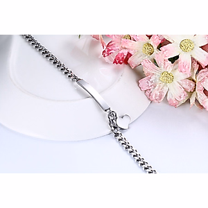 VNOX Custom Engraved Personalized ID Tag Stainless Steel Bar Bracelet with Heart Charm for Women,8.0"