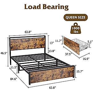 Alkmaar Queen Bed Frame with 4 Storage Drawers and Headboard, Metal Platform Bed with Large Storage Space, up to 700LBS, No Box Spring Needed, Noise Free, Rustic Brown (Queen)