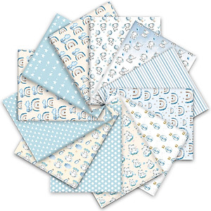 AnyDesign 12Pcs Baby Shower Cotton Fabric Bundles Blue Elephant Hot Air Balloon Star Rainbow Printed Fat Quarters Cute Sewing Fabrics for DIY Handmade Crafting, 18 x 22 Inch