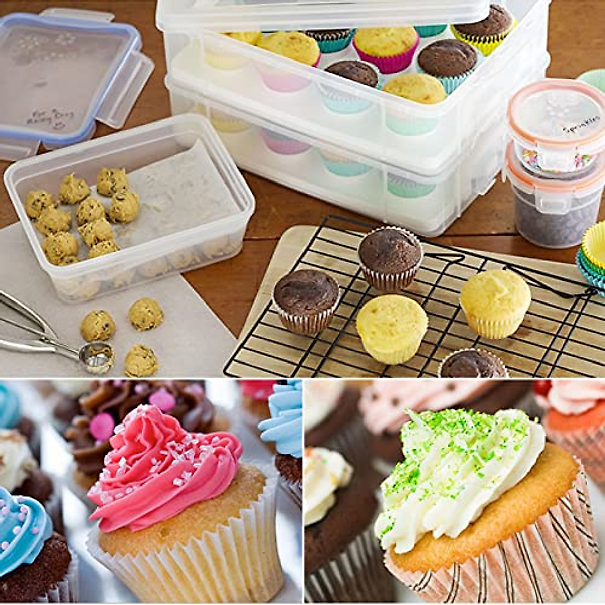 ATRDTO 3-Tiers Stack Carry Storage Box With Handle, Transparent Stackable Storage Bin With Handle Lid Latching Storage Container for Holds 36 Cupcakes or 3 Large Cake (Style A)