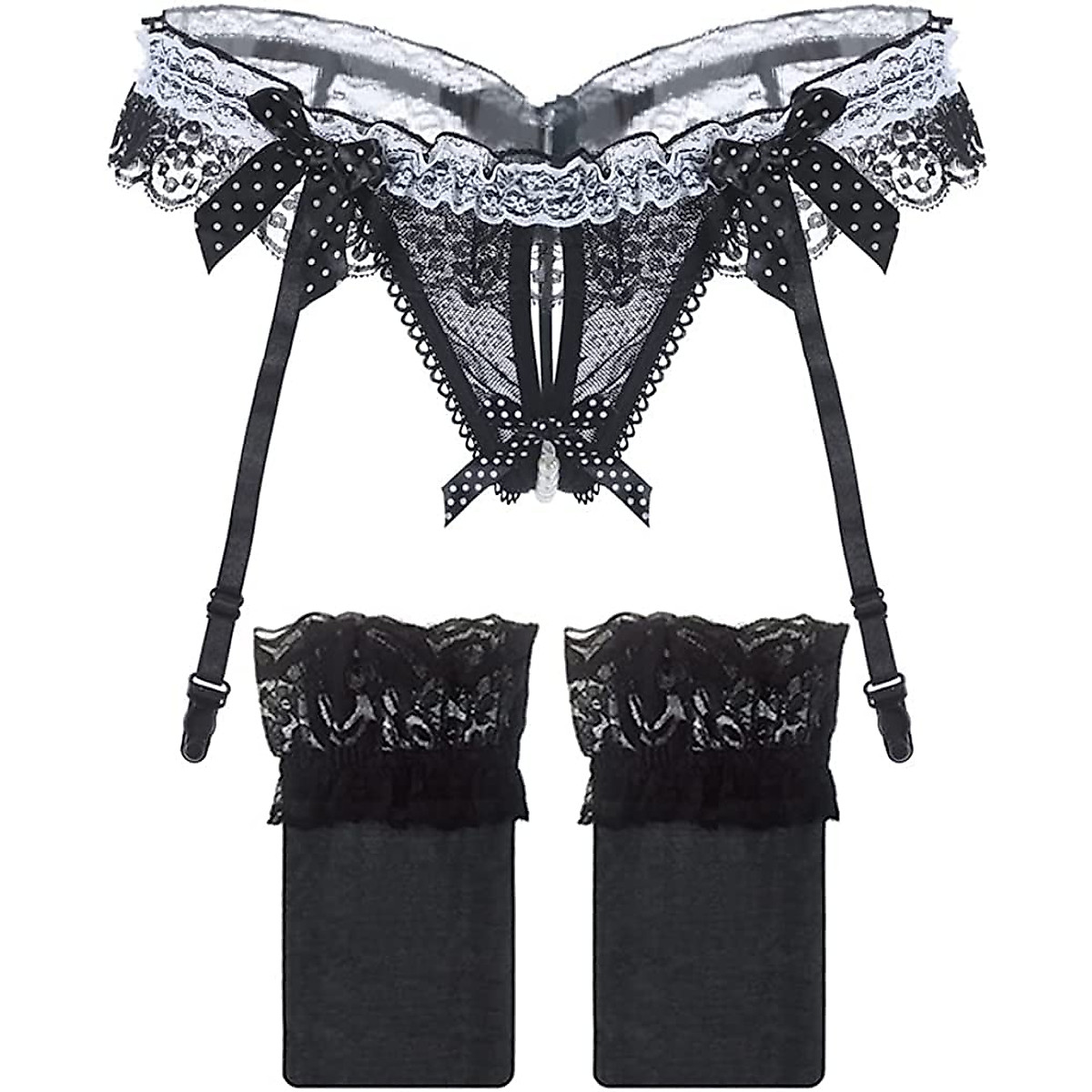 Sexy Floral Lace Garter Belt with Stockings Set Low Waist Hosiery Thong Open Design Underwear 3 Pieces Women Lingerie Set (Black)