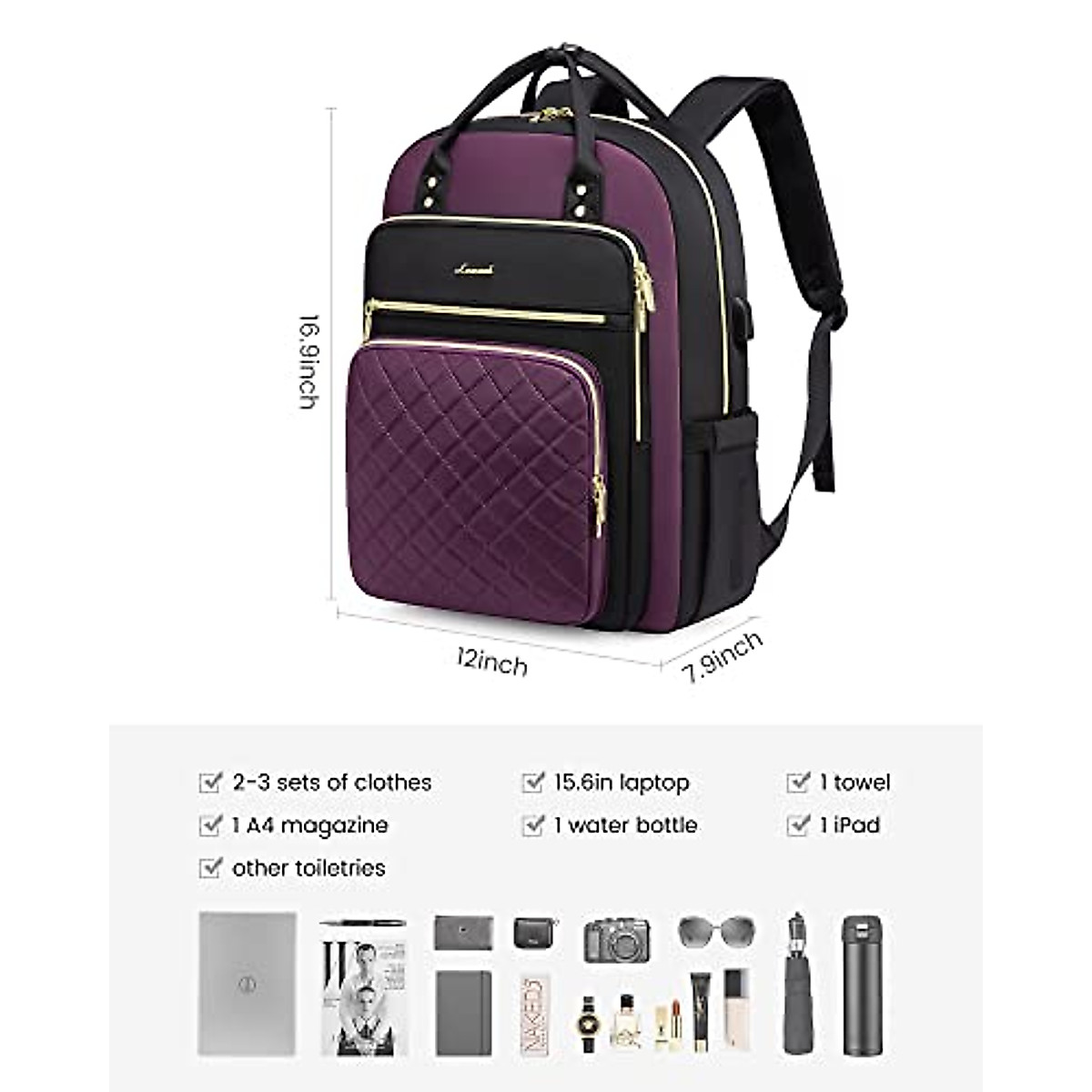 LOVEVOOK Laptop Backpack Purse for Women, 15.6" Laptop Bag for Travel with USB Port, Water Resistant Lightweight Daypacks for College Work Business, Nurse Teacher Computer Bags, Purple Black