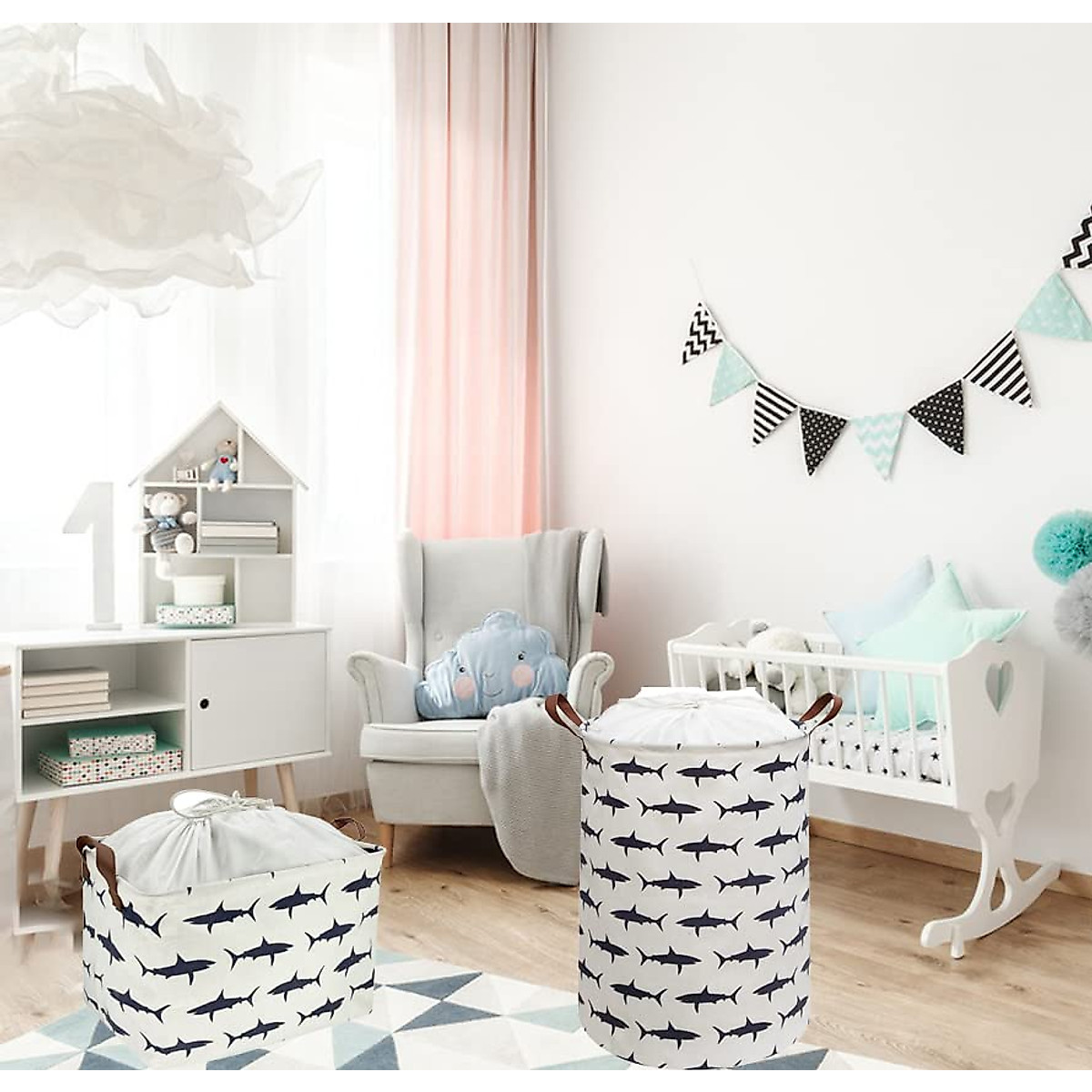 Sanjiaofen Kids Laundry Hamper,Canvas Shark Hamper Collapsible Boys Storage Basket Waterproof Toy Organizer Bin for Room Decor,Bedroom, Toys Bins,Clothes Hamper(Sharks)