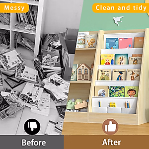 Arbuxzuy Kids Bookshelf and Toy Storage, 3 Tier Wooden Kids Bookcase with Storage, Floor-to-Ceiling Baby Book Organizer with Sling, Children Book Rack for Playroom, Classroom, Nursery, Natural