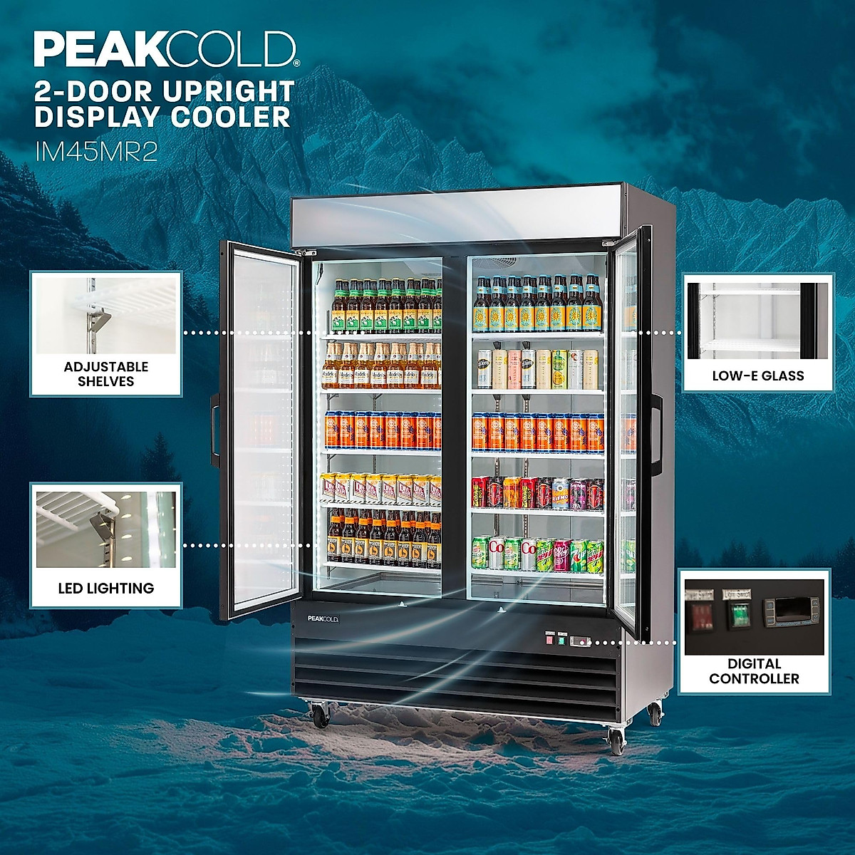 PEAKCOLD 2 Door Upright Commercial Display Cooler - Large Capacity Glass Door Merchandiser Cooler; 45 CU Ft.