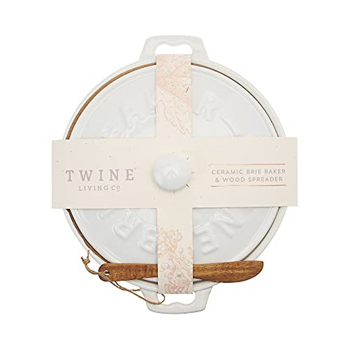 Twine, Brie Baker with Lid, Acacia Wood Spreader, White Ceramic, Set of 1