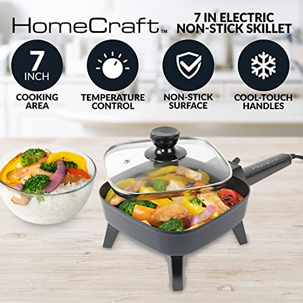HomeCraft 7-Inch Electric Non-Stick Skillet, Adjustable Temperature Control, Cool-Touch Handle with Tempered Glass Lid, Perfect For Healthy Keto & Low-Carb Diets, Rice Bowls, & Eggs