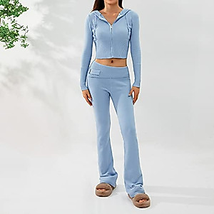 Women Ribbed Knit 2 Piece Outfits Long Sleeve Zipper-Up Slim Fit Hooded Crop Tops High Waist Long Pants Loungewear A Blue