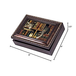 Cottage Garden Sleeping Cat On a Bookshelf Burlwood Rope Trim Jewelry Music Box Plays Canon in D