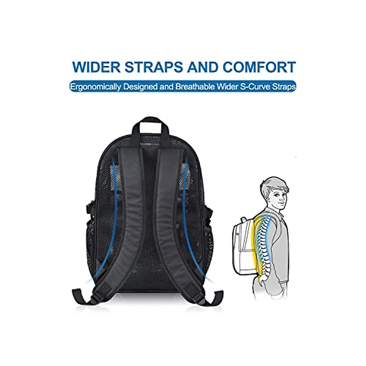 Heavy Duty Mesh Backpack for School, 30L Extra Large See Through Mesh Bookbag for Adults with Comfort Padded Straps for School, Beach, Swimming, Fitness, Sports(Black)