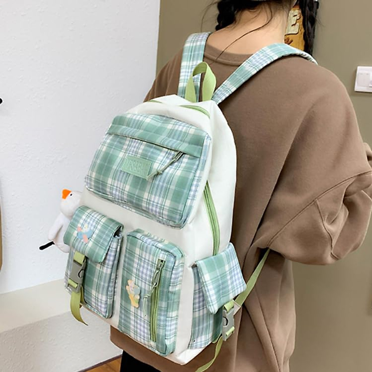 MININAI 4PCS Aesthetic College Backpack Set with Plushies Kawaii Large Backpack 15.6" Laptop Preppy Daypack Cute Backpack (Green,One Size)