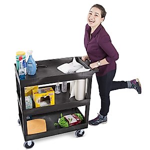 Stand Steady Tubstr 3 Shelf Utility Cart Supports Up to 375 lbs - Heavy-Duty Plastic Service Push Cart with Deep Shelves and 5" Casters, for Offices, Warehouse Storage, Garage (Black, 32 x 18 x 51)