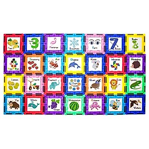 PicassoTiles Magnetic Building Blocks with Tiles and Educational Artwork Graphic Click-in Inserts Magnet Construction Toy Set STEM Learning Kit Playset Child Brain Development PT56