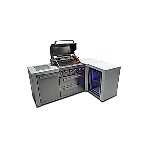 Mont Alpi MAi400-D90FC 32-Inch 4-Burner 78000 BTU 90 Degree Corner Stainless Steel Gas Outdoor Kitchen Barbecue Island Grill + Infrared Side Burner + Wine Cooler Beverage Center Compact Refrigerator