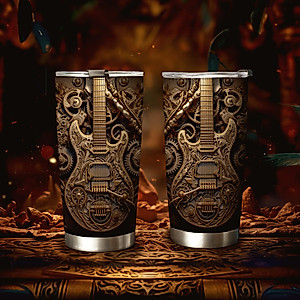 20oz Steampunk Mechanical Metal Rock Electric Guitar Tumbler, Guitarist, Musician Gifts, Coffee Thermos for Men, Stainless Steel Double Wall Vacuum Insulated Coffee Mug, Travel Cup with Lid