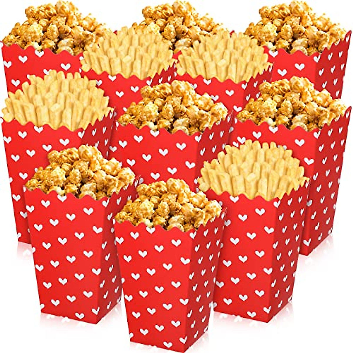 30 Pack Valentine's Day Conversation Hearts Candy Treat Boxes Valentine Hearts Party Favor Popcorn Treat Boxes Red Open Top Popcorn Box for Valentine Dessert Tables and Wedding Favors