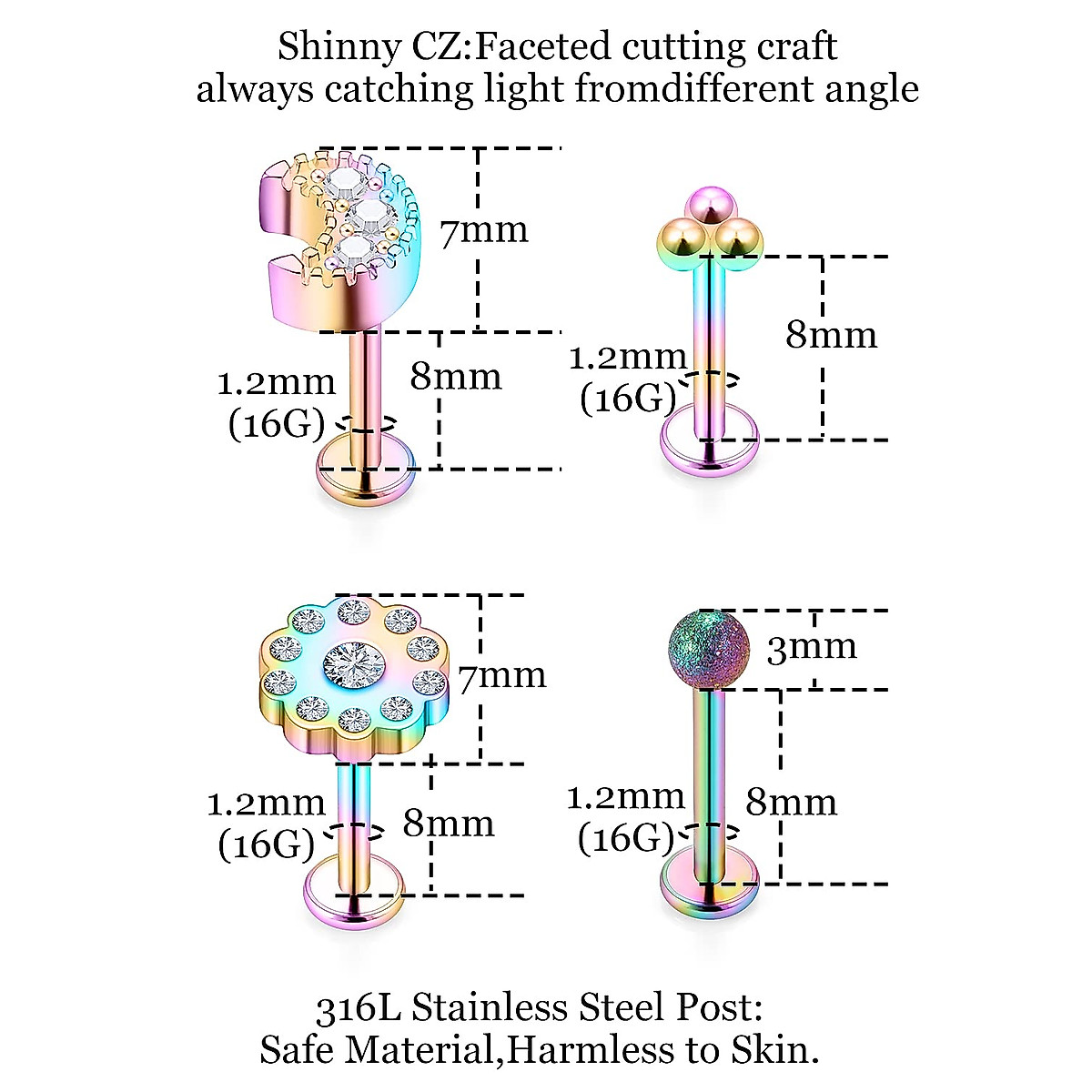 Pnsgisr 16g Cartilage Tragus Forward Helix Conch Earring Piercing Jewelry Lip Rings Medusa Labret Monroe for Women 16 Gauge Surgical Steel Flat Back Cartlidge Snake Bite Snakebite Philtrum Ashley Stud