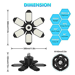 150W 15000LM Super Bright LED Light Bulb, Deformable Garage Ceiling Light with 6 Adjustable Panels, 6000k Daylight Garage Light Fixture, E26/E27 Screw in Garage Light Bulbs for Workshop Basement