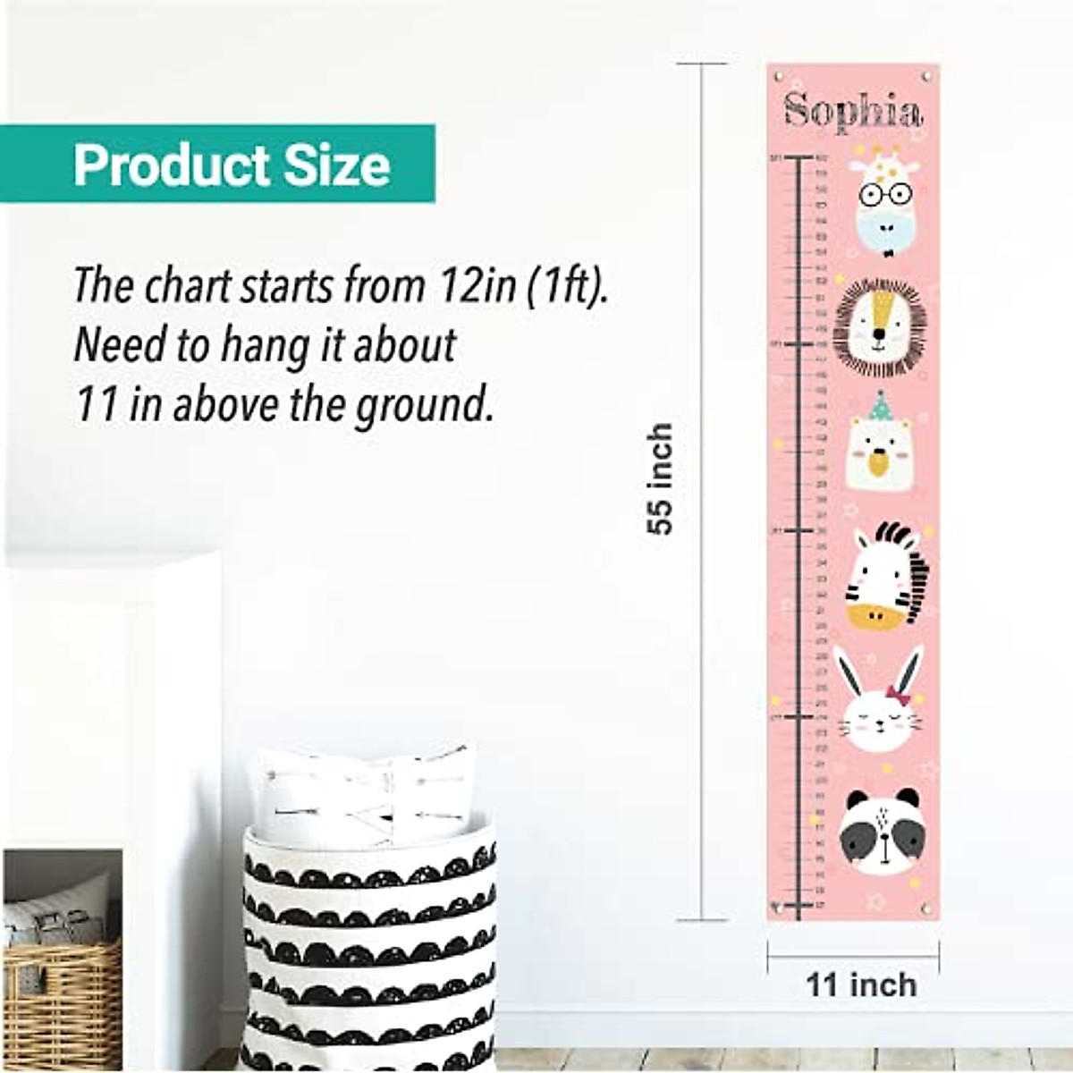 Personalized Canvas Growth Chart for Kids, Height Chart for Kids, Growth Chart Banner with Name (Animal 2)