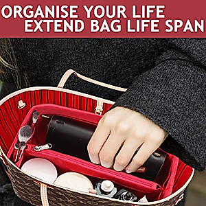 MTRSUE Original Velvet Purse Organizer Shaper Insert for Handbag, Women Tote Bag Organizer With Metal Zipper for Neverfull Speedy and More (Red, Medium)