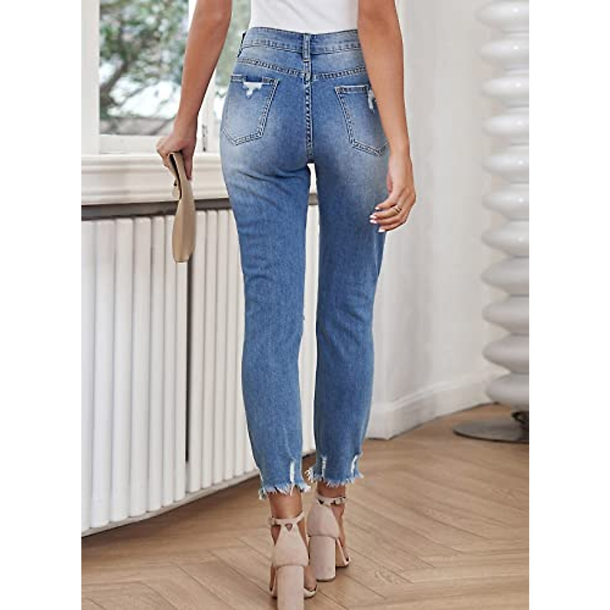 Sidefeel Women Distressed Raw Hem Washed Jeans Ripped Slim Fit Denim Pants Medium Sky Blue