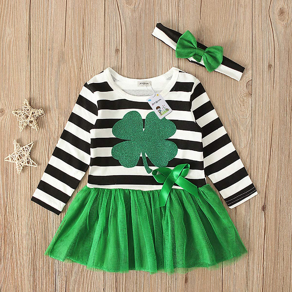 XFGLCK Toddler Baby Girls St.Patrick’s Day Striped Dress Outfits Shamrock Princess Party Dress Playwear Tutu Skirt + Headband (Green, 2T / 3T)