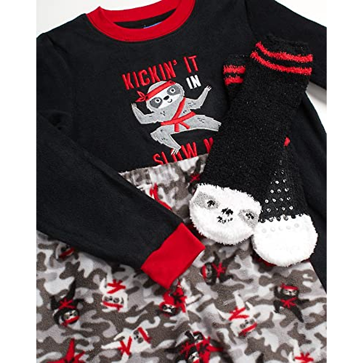 ONLY BOYS Toddler Boys’ Pajama Set - 3 Piece Long Sleeve Shirt and Sleepwear Joggers (Toddler), Size 8-10, Red/Black Kickin Sloth