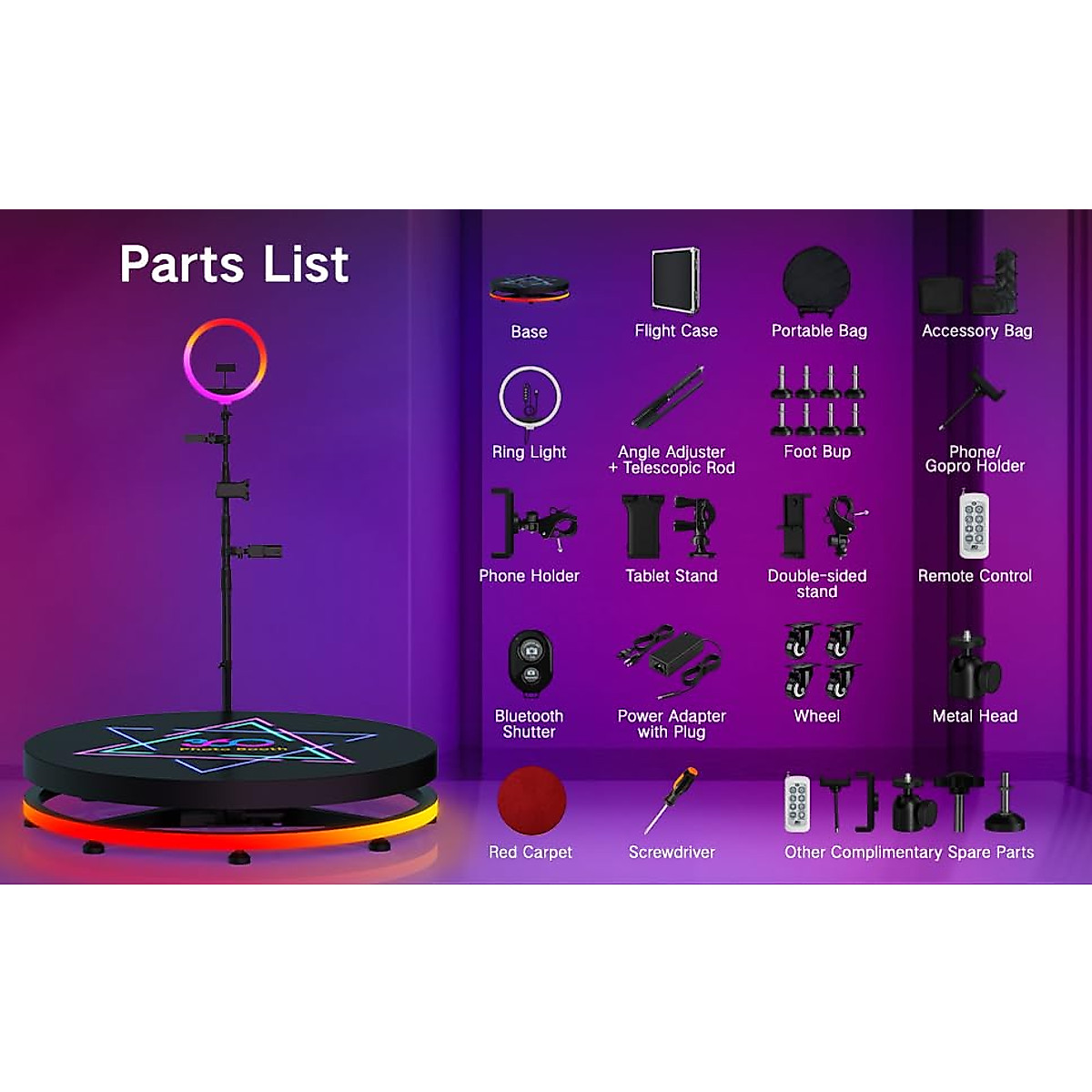 MBOBAO [Newest] 360 Photo Booth Machine with RGB Ring Light,Free Custom Logo, Video Camera Selfie Platform for Live Streaming Wedding Birthday Events Exhibitions (26.8in 1-3 people+Flight Case)