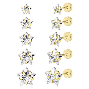 DAILI 5 Pairs Cubic Zirconia Earrings Studs: Gold Flat Back Stud Earrings for Women Hypoallergenic Surgical Stainless Steel Star CZ Stud Earrings for Helix Cartilage 3-8mm