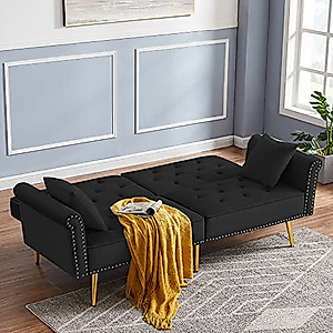 Zushule Futon Sofa Bed -Velvet Tufted Convertible Couch with 2 Pillows, Nailhead Trim, and Metal Legs- - Small Sofabed for Bedroom, Living Room, Apartment - Black with Gold Detail