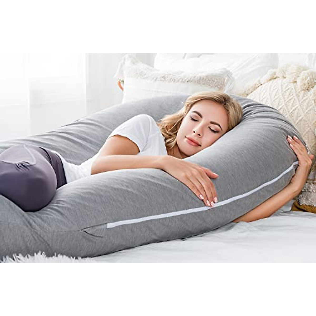 Meiz Pregnancy Pillow, Cooling Silky Pregnancy Pillows for Sleeping, 65" Full Body Maternity Pillow for Tall Pregnant Woman with Cooling Silk Jersey Cover, Grey