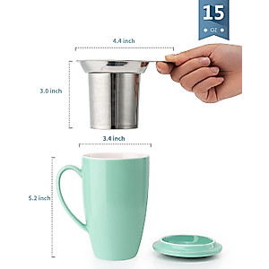 Sweese 14 OZ Porcelain Tea Mug with Infuser and Lid, Loose Leaf Tea Cup, Gifts for Tea Lover, Mint Green - 207.109