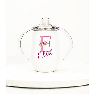 Personalized Floral Initial Sippy Cup | Any Name or Text | Baby Girl | Sippy Cup for Toddlers | Insulated Cup for Baby | Stainless Steel | BPA Free
