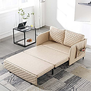 Antetek Sleeper Sofa Bed, 46-inch Faux Leather Loveseat Sleeper Sofa Couch with Pull-Out Bed, Small Love seat Sofa Single Bed with a Detachable Side Pocket for Living Room, Office, Camel