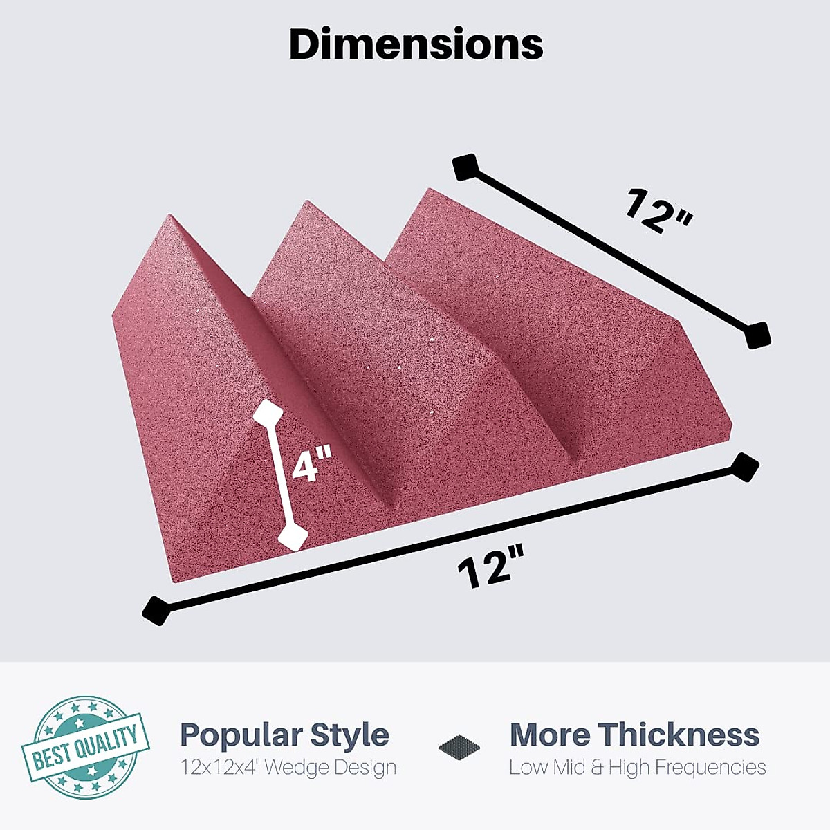 Bass Absorbing Wedge Style Panels - Soundproofing Acoustic Studio Foam - 12"x12"x4" Tiles - 2 Pack - DIY (Burgundy)