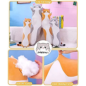 Cute Cat Plush Long Body Pillow Cuddle Cartoon Stuffed Animals Cat Plushie Soft Doll Pillows Gifts for Kids Girls (Gray, 19 Inches), 1 Count (Pack of 1)