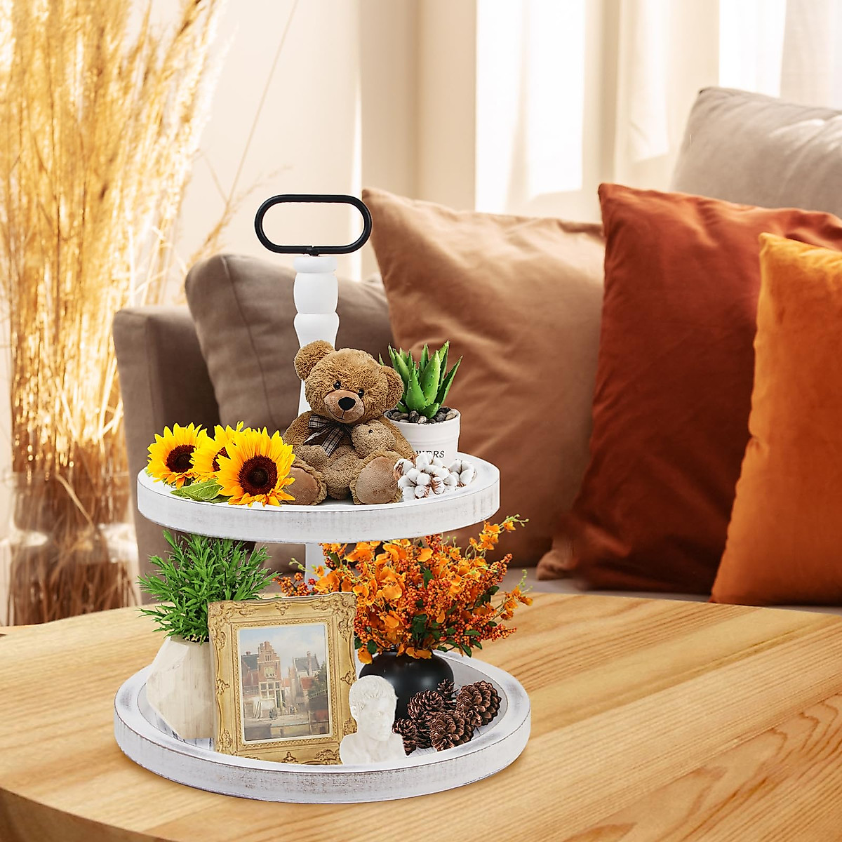 Rustic Tiered Serving Tray, Farmhouse Decorative Wooden Two Tiered Trays, Wooden 2 Tier Tray Stand for Table Kitchen Coffee Macaron Plate Cakes Dessert Fruit(Stand+Beeds)