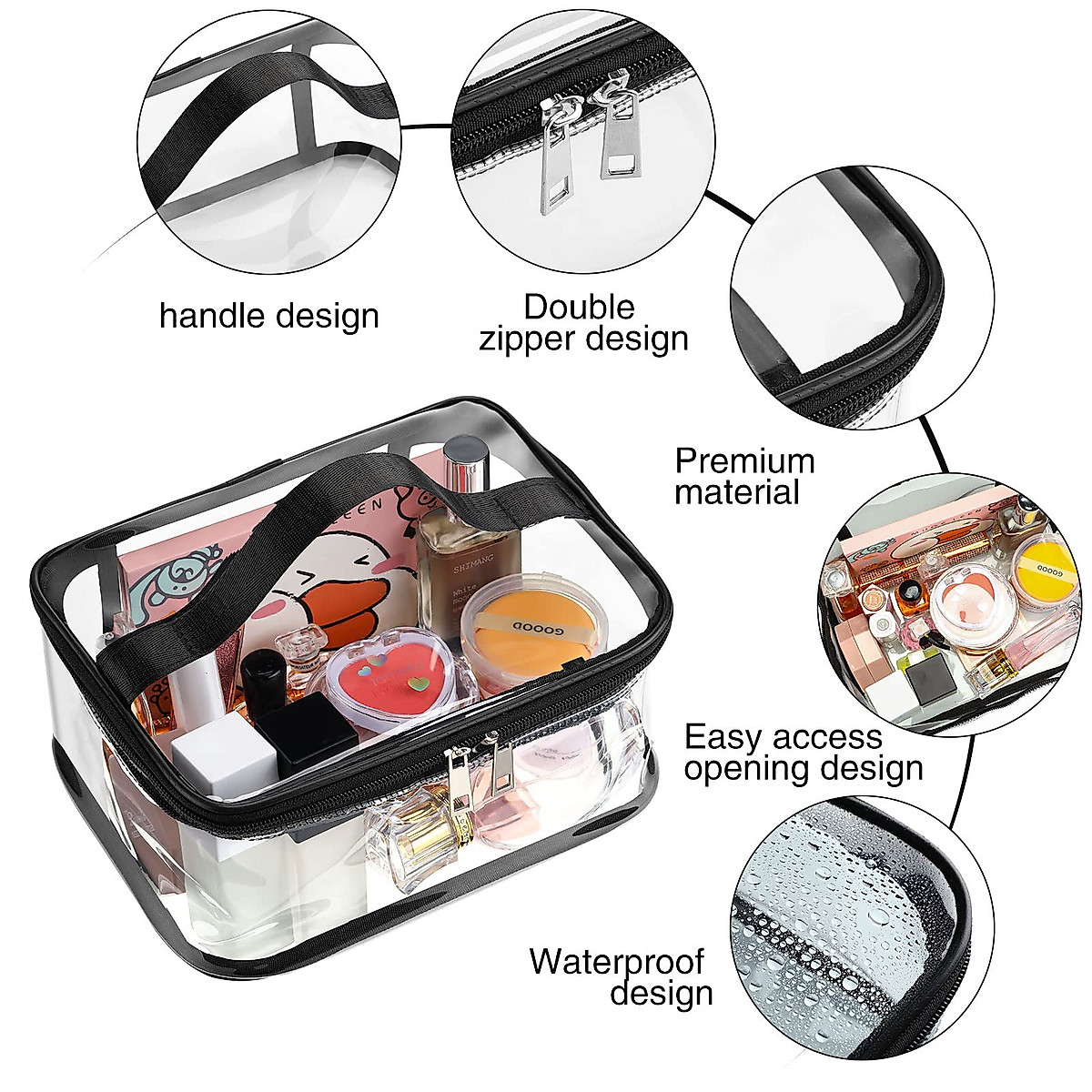 6 Pcs Large Clear Cosmetic Bags Clear Makeup Bag Transparent Zipper Travel Bag Toiletry Makeup PVC Bag Waterproof Portable Organizer Storage Pouch with Handle for Vacation Bathroom (Black Edge)