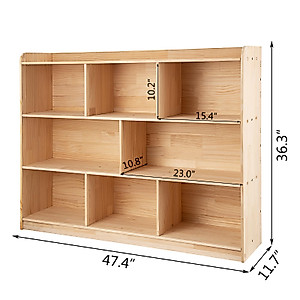 ZBPRESS 8-Compartment Solid Wood Storage Cabinet, Classroom Bookshelf, Classroom Cubbies, 3-Tier Open Wooden Bookshelf for Kids, Kids Toy Storage Organizer