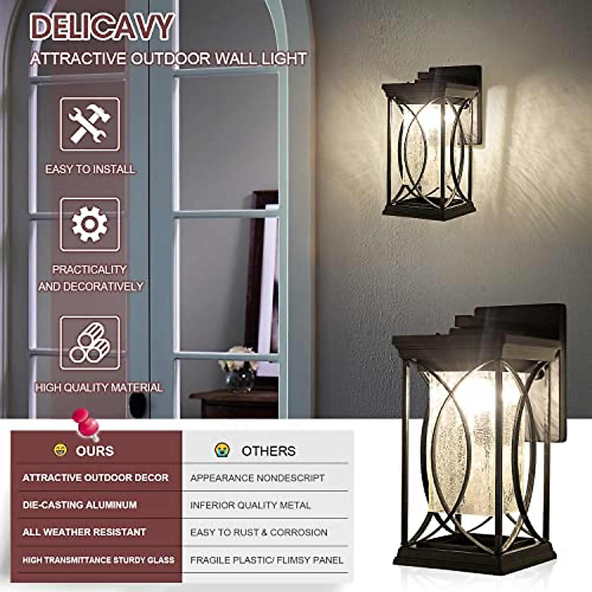 Dusk to Dawn Modern Outdoor Wall Light Exterior Light Fixtures Black Aluminum with Crack-Like Glass Create Gorgeous Lighting Effects UL and IP65 Waterproof Wall Sconce Outdoor for Front Porch Lighting