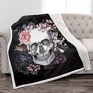 Jekeno Sugar Skull Sherpa Blanket Skull Rose Design Skeleton Smooth Soft Black Print Throw Blanket for Kid Sofa Chair Bed Office Gift 50"x60"
