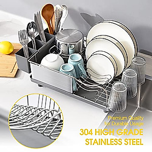 TOOLF Dish Rack, 304 Stainless Steel Dish Drying Rack for Kitchen Counter, Dish Drainer with Cutlery Holder for Large Capacity, Grey