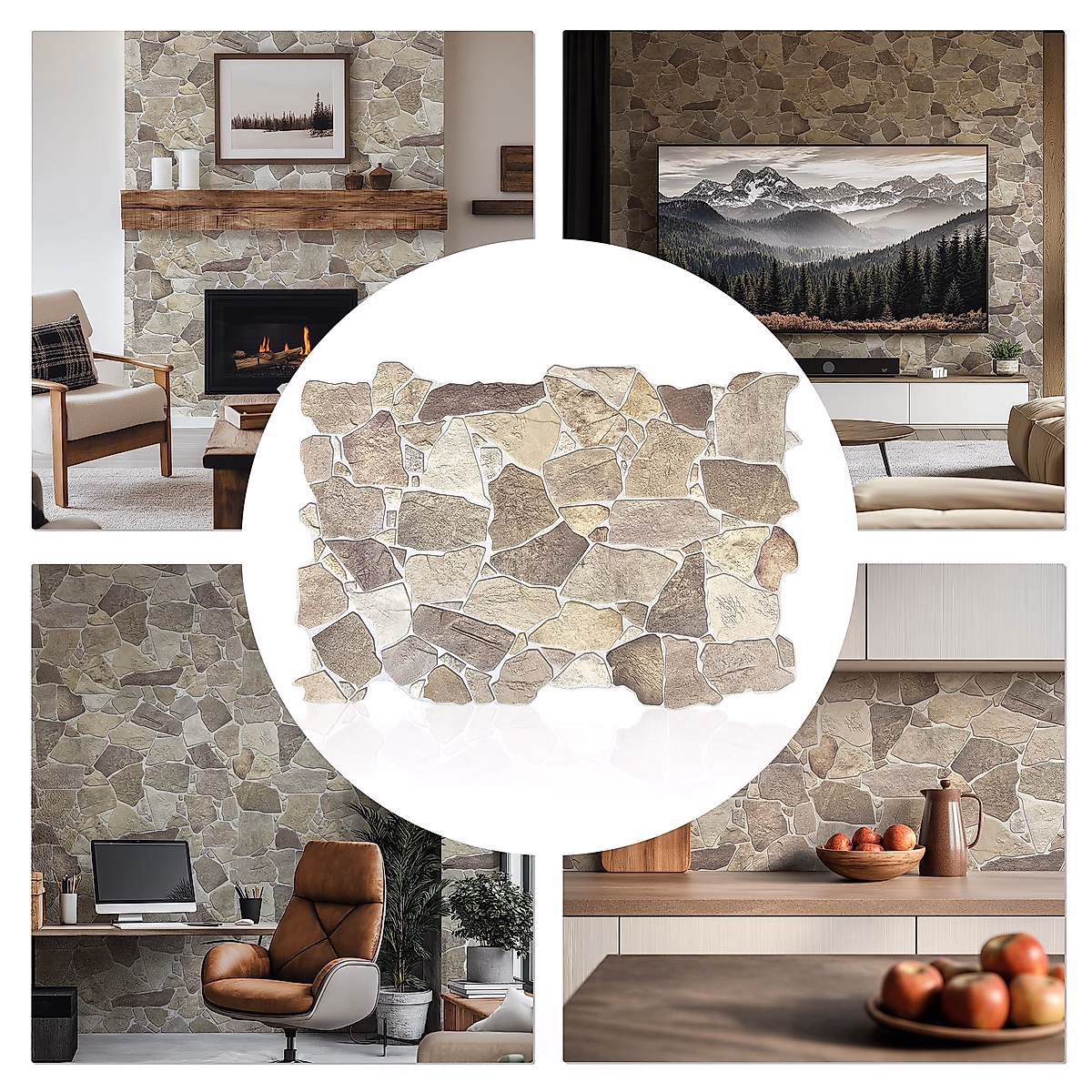 CONCORD WALLCOVERINGS ™ 5 Pack 3D Faux Brick Wall Panels, Beige Grey Wild Stone, Lightweight 38.7" x 25" (98.3 cm x 63.5 cm) PVC Sheets, Decorative Tiles for Living Room, Kitchen - Covers 33.59 Sq Ft