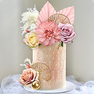 Boho Cake Topper Flower Cake Topper Pink Palm Leaves Cake Decorations with Artificial Rose Ginkgo Leaves and Balls for Wedding Baby Shower Birthday Boho Flower Themed Party Supplies (Pink)