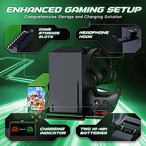 TNP Vertical Stand for Xbox Series X - Series X Charging Station for Controller with 2 Pack 300mAh Rechargeable Battery for Xbox Series X Controller - 10 Slot Game Storage and Headset Hook