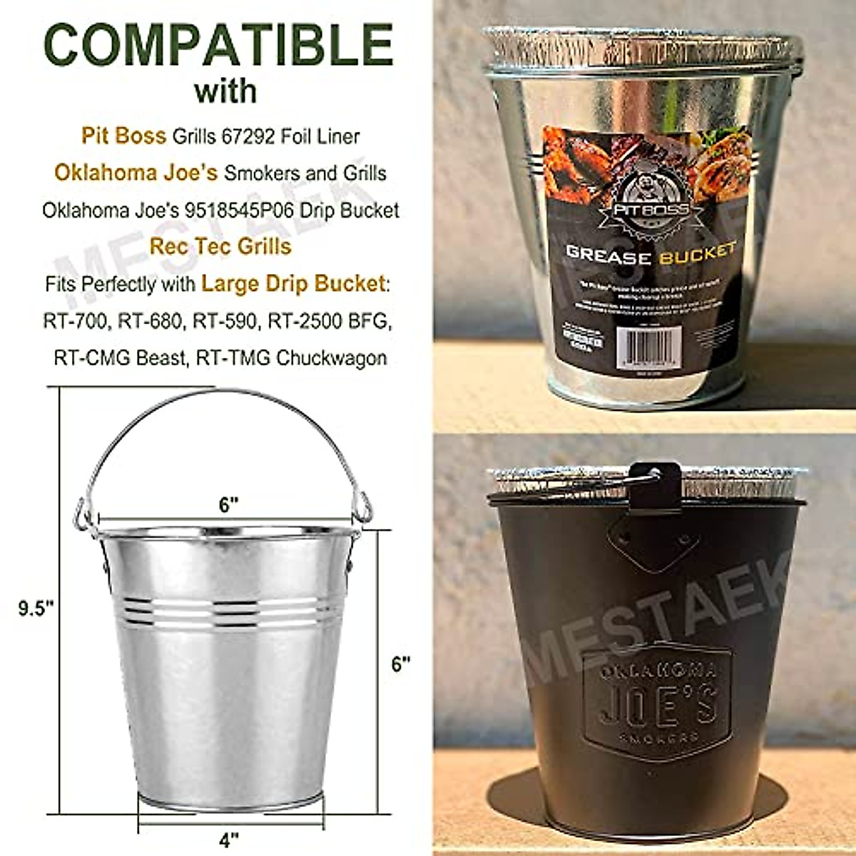 MESTAEK Grill Drip Bucket with 20-Pack Disposable Foil Liner,Compatible with Pit Boss Grills,Oklahoma Joe's,Rec Tec &Traeger,6.3"x6.0"