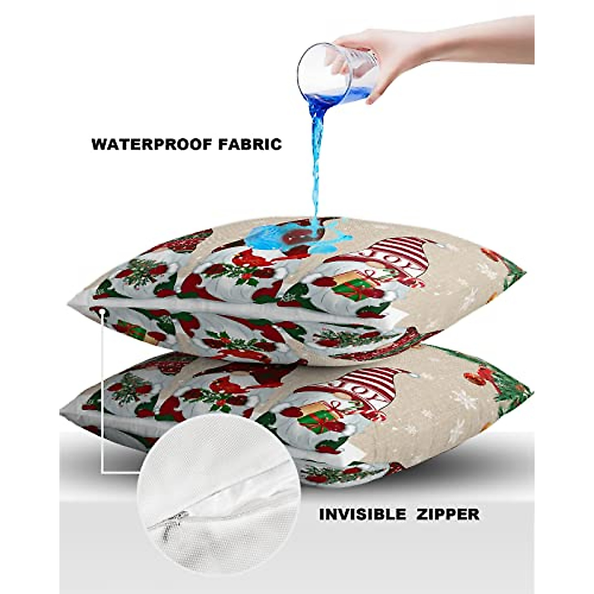 Christmas Gnomes Outdoor Pillow Covers 18 x 18 Inches, Winter Snowflake Waterproof Throw Pillow Cover Set of 2, Xmas Balls Pine ConeHome Decorative Square Cushion Covers for Patio/Tent/Couch/Garden