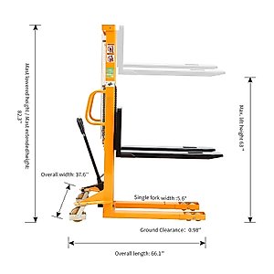 APOLLOLIFT Manual Stacker, 2200 lbs Capacity 63 Inch Lift Height Fixed Leg Stacker, with Adjustable Forks Fixed Legs Only Suitable for Open Bottom Pallet